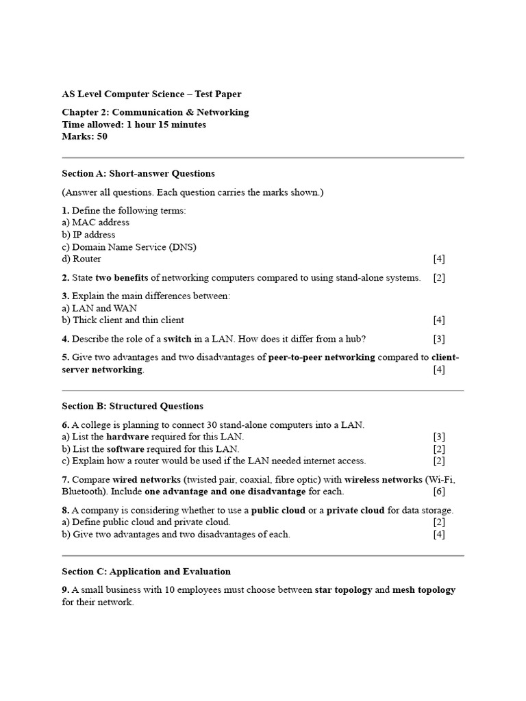 AS Level Computer Science: Networking Test | PDF