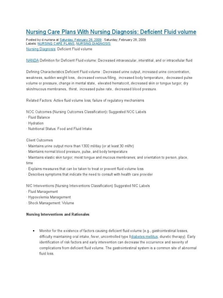 Nursing Care Plans for Deficient Fluid Volume | PDF | Dehydration ...