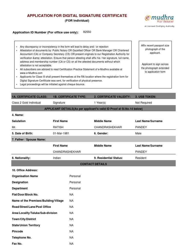 Emudhra Application Form | PDF | Cheque | Government And Personhood