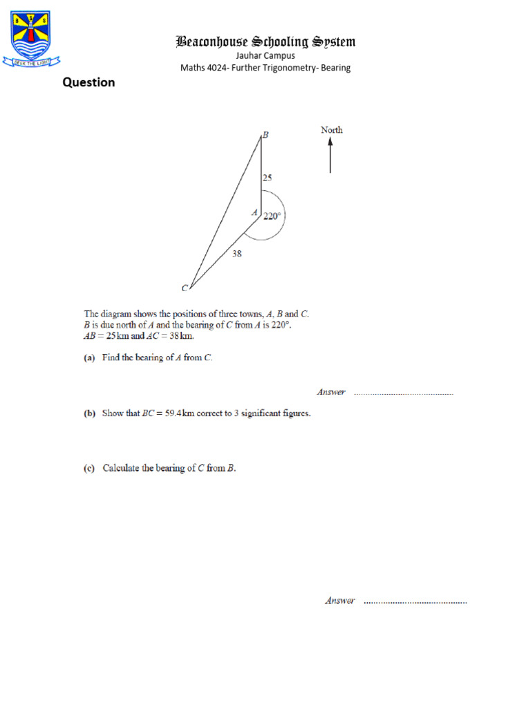 Worksheet On Further Trigonometry - Bearing | PDF