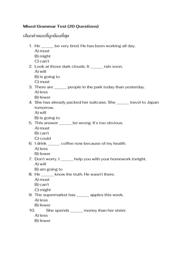 Mixed Grammar Test: 20 Questions | PDF