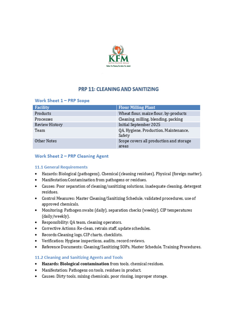 PRP11 Cleaning Sanitizing WorkSheets | PDF | Hygiene | Water Quality