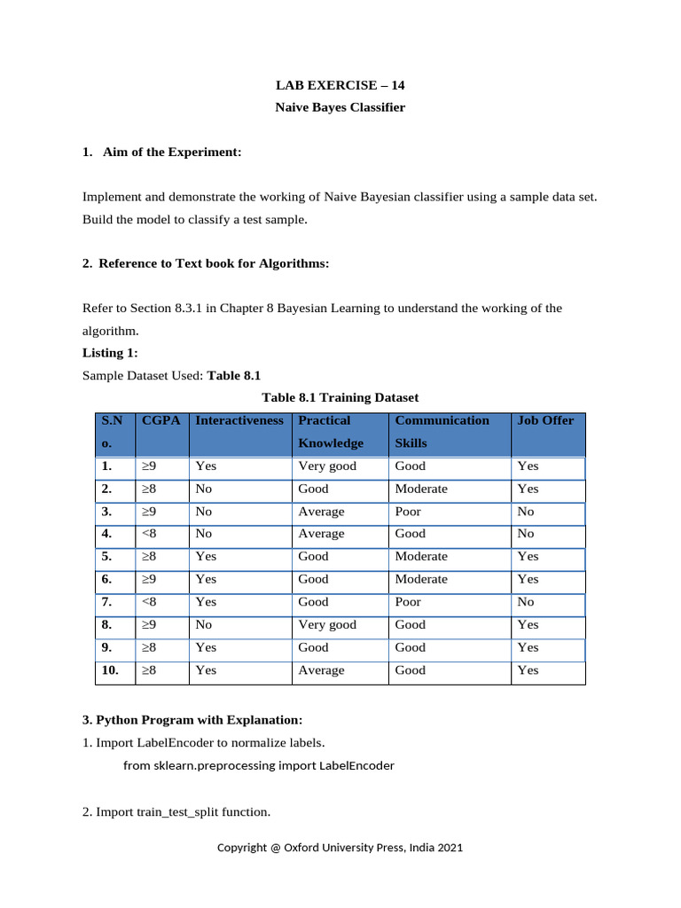 Lab Exercise 14 - Naive Bayes Model | PDF | Statistical Classification | Learning