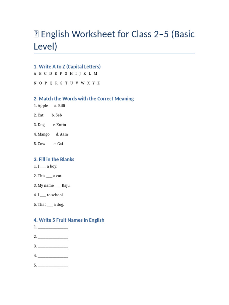English Worksheet Class2 5 | PDF