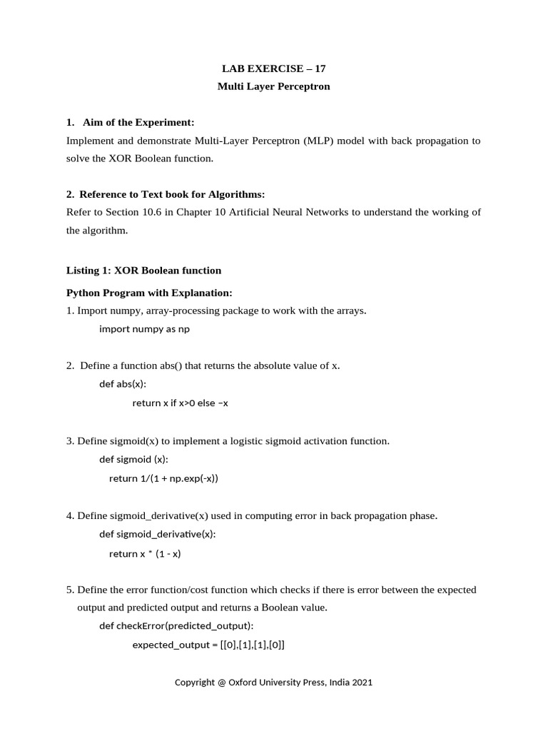 LAB EXERCISE 17 - MLP Model | PDF | Computational Neuroscience ...