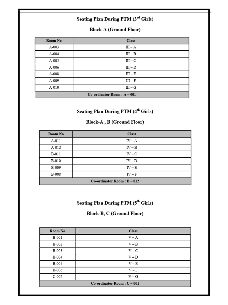 PTM Seating Plan for 3rd to 5th Girls | PDF