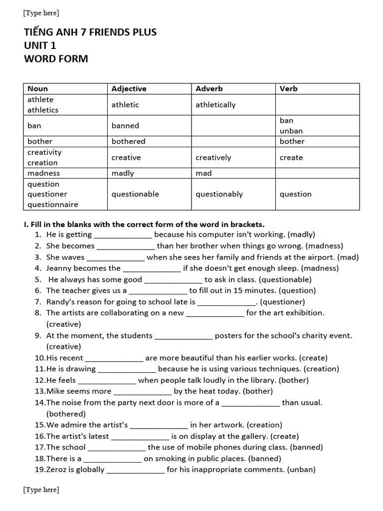 Tiếng Anh 7 Friends Plus - Word Form - Unit - 1 | PDF | Linguistic ...