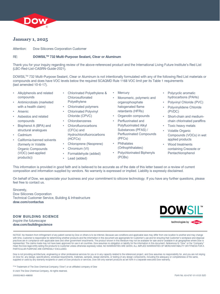 63 6767 01 Dowsil 732 Multi Purpose Sealant Red List Free | PDF ...