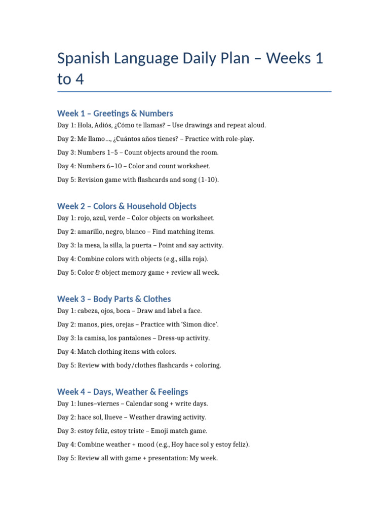 Spanish Daily Plan Weeks 1 To 4 | PDF