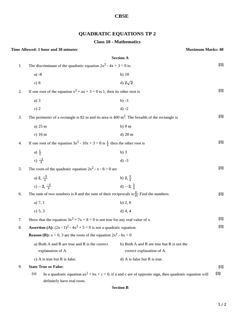 Quadratic Equations TP 2 (Solution of A Quadratic Equation by ...