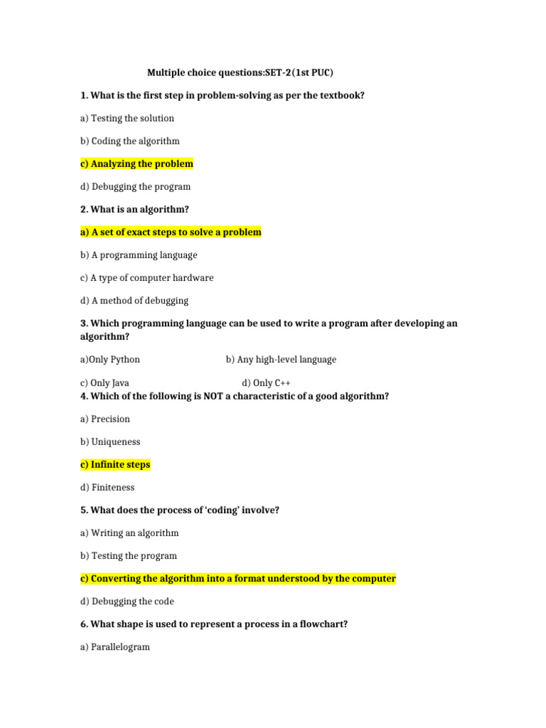 MCQ Set2 1st PUC (Answers) | PDF | Computer Program | Programming