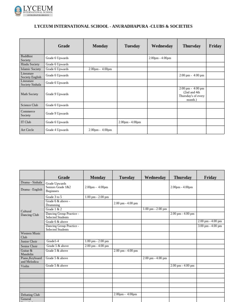 Clubs & Scocieties Time Table | PDF