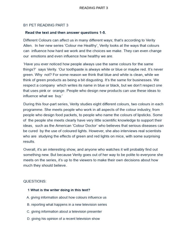B1 Pet Reading Part 3 Colour Me Healthy | PDF