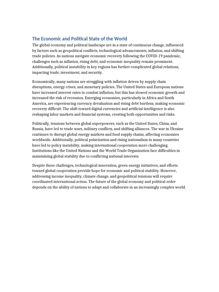 Economic and Political State of The World | PDF