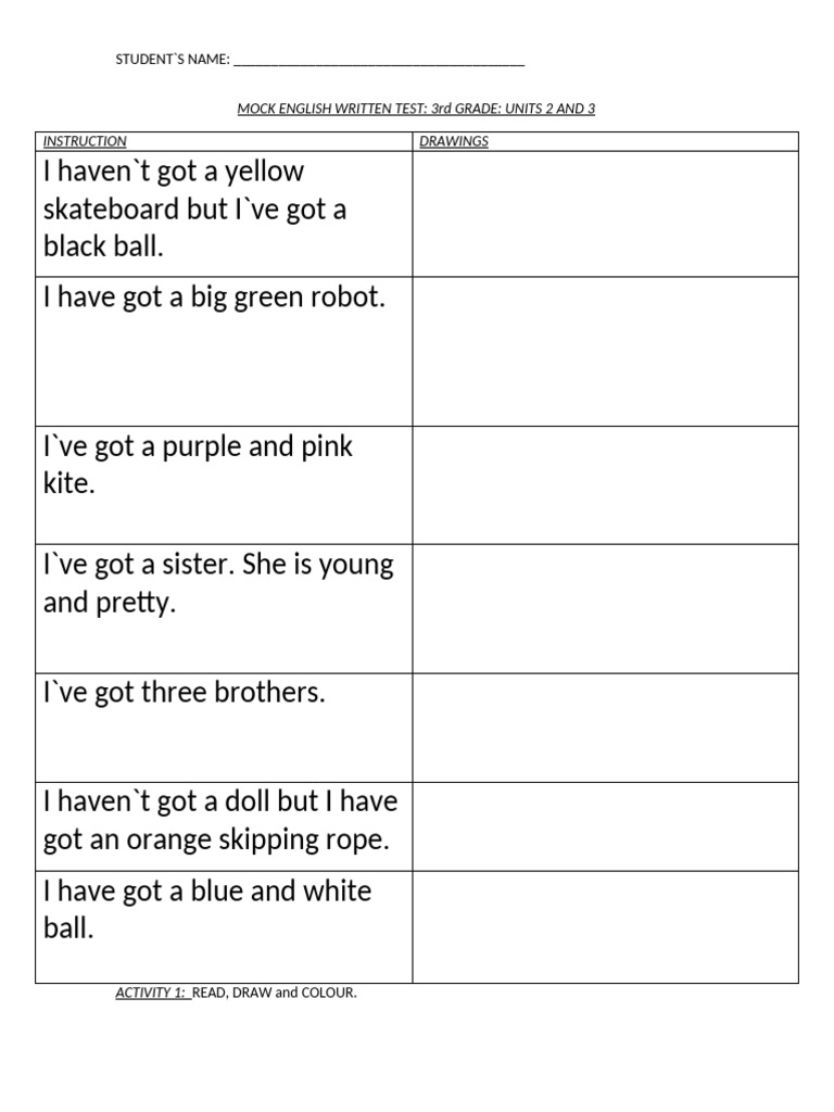 MOCK ENGLISH WRITTEN TEST 3rd UNITS 2 and 3 | PDF | Toys | Play (Activity)