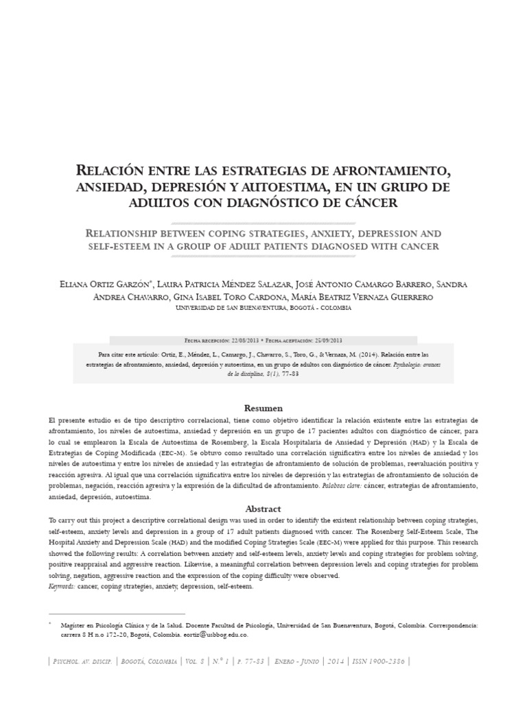 Relación Entre Las Estrategias de Afrontamiento, Ansiedad, Depresión y ...
