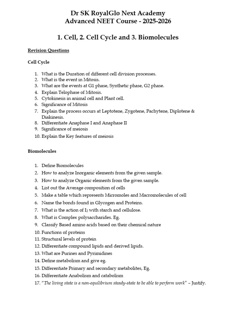 Cell, Cell Cycle and Biomolecules | PDF | Cell (Biology) | Organelle