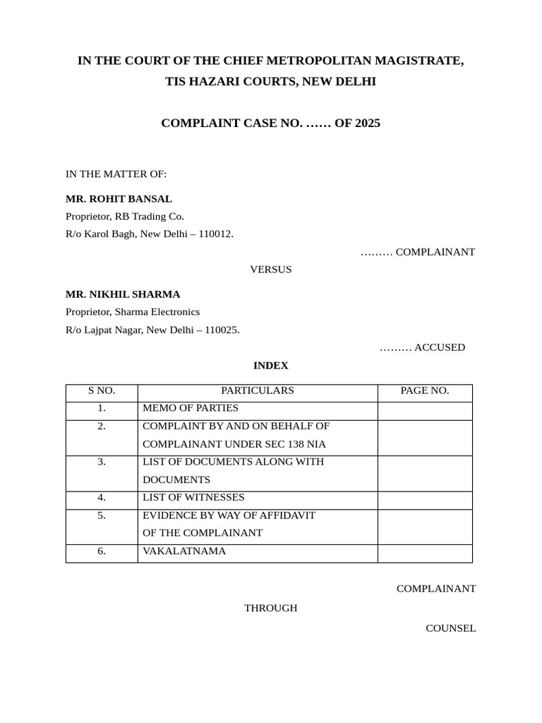138 Nia Complaint Sample | PDF | Cheque | Common Law