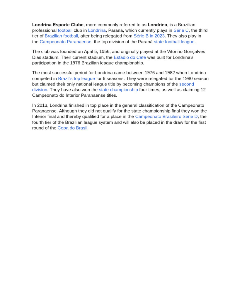 Londrina Esporte Clube: History & Achievements | PDF