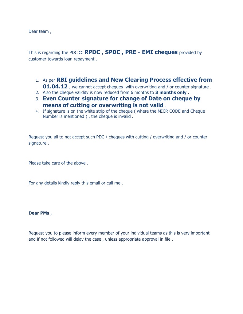 RPDC, SPDC, Pre - Emi Cheques: Dear Pms | PDF | Business