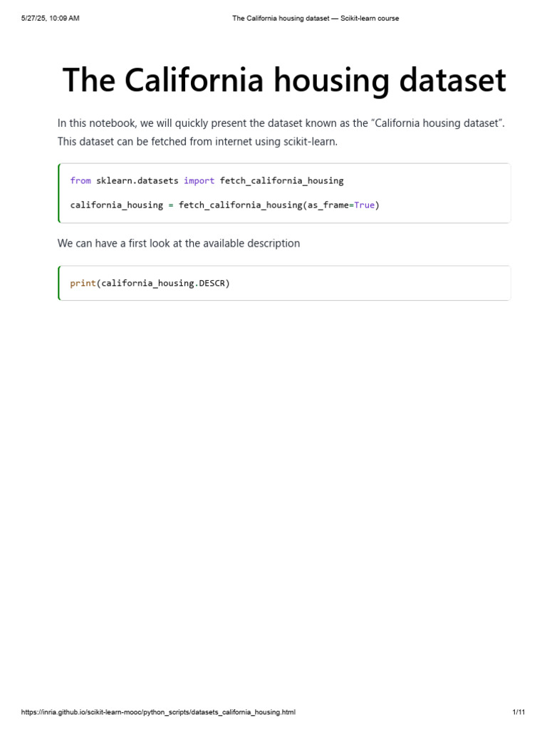 The California Housing Dataset - Scikit-Learn Course | PDF | Median | Data Set