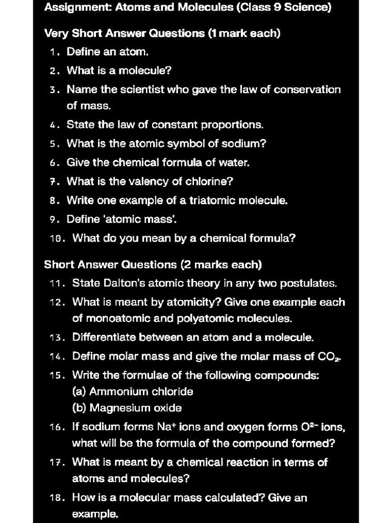 Assignment Atoms and Molecules Class 9 | PDF