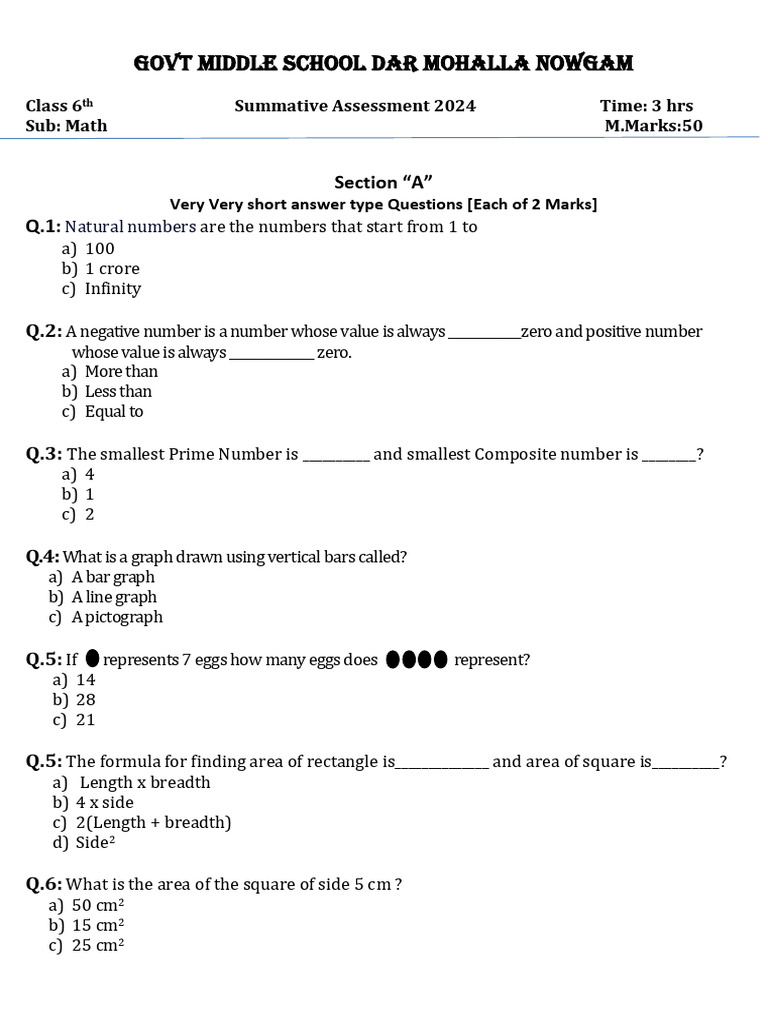 6th Math Summative Assessment 2024 Final | PDF | Area | Numbers