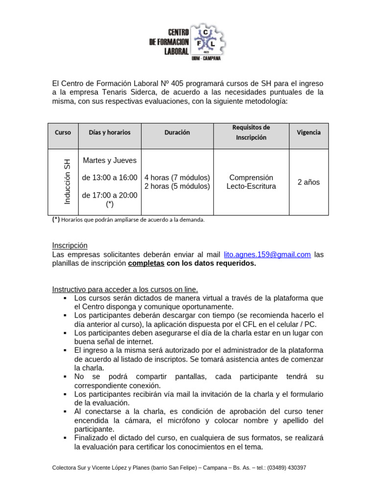 Cronograma Cursos CFP 405 Siderca | PDF