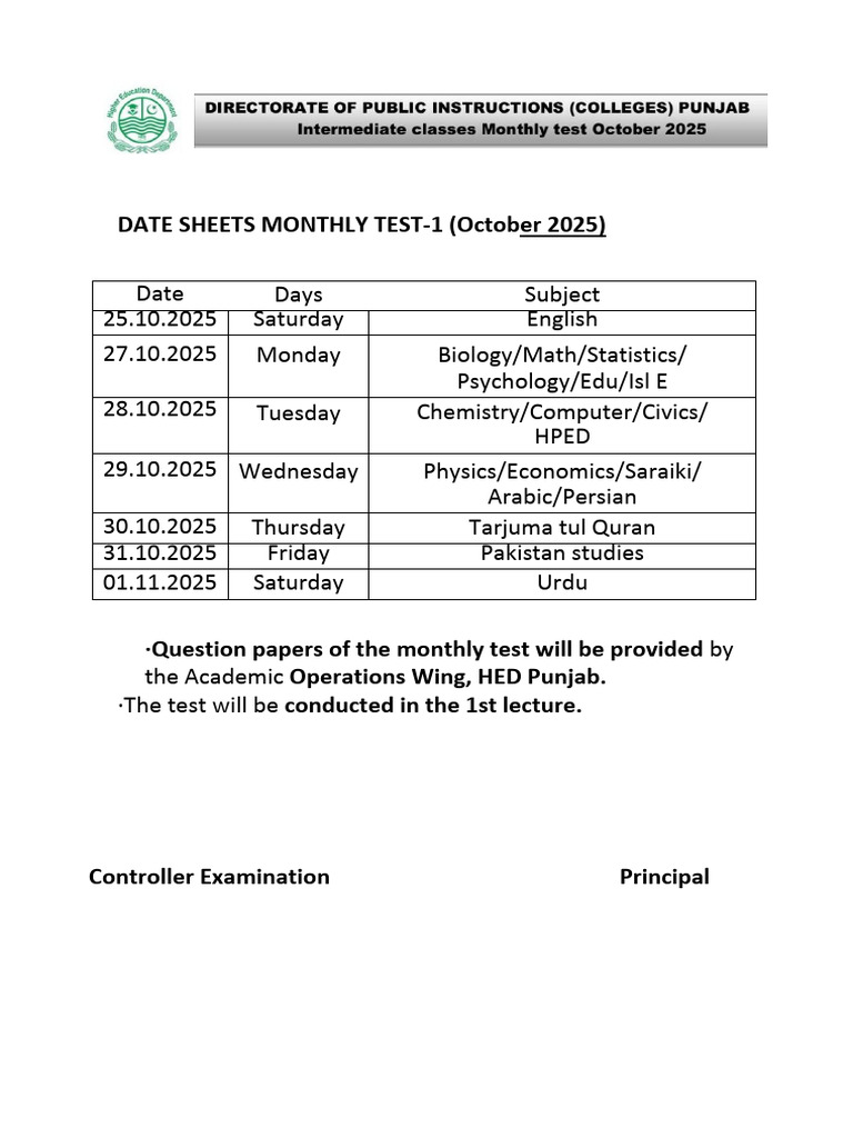 DPI Date Sheet October-1 | PDF