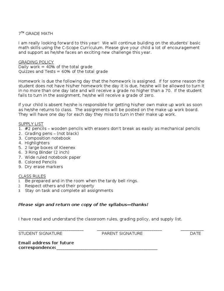 7th Grade Math Syllabus and Guidelines | PDF | Homework | Behavior ...