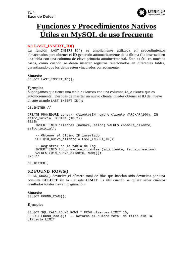 Funciones y Procedimientos Nativos Útiles en MySQL de Uso Frecuente | PDF | Recuperación de ...