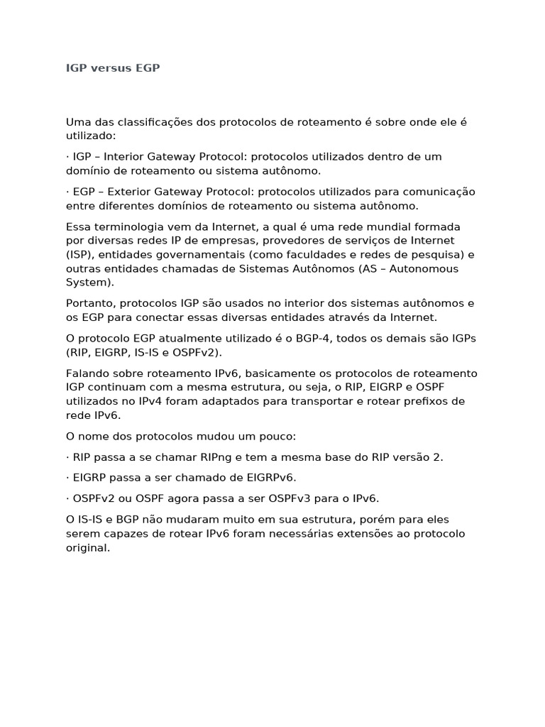 Diferenças entre IGP e EGP no Roteamento | PDF