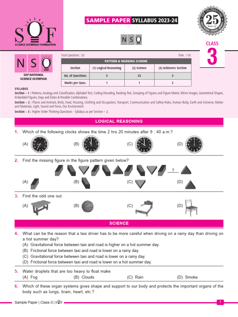 Class 3 SOF National Science Olympiad Sample Paper | PDF