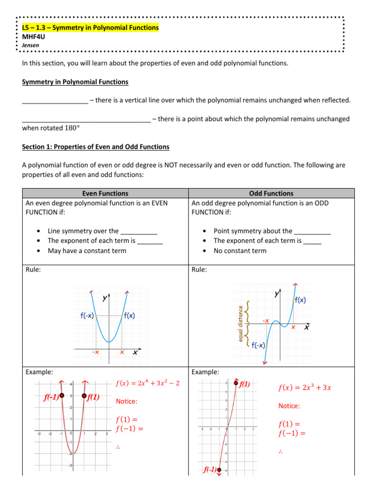 L5 - 1.3 - Symmetry in Polynomial Functions Mhf4U: Jensen | PDF ...