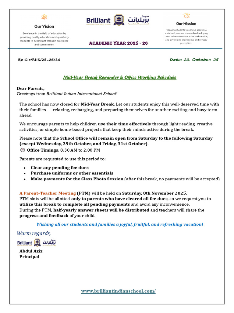 BIIS Circular - MidYear Break and PTM | PDF