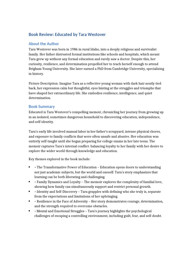 Book Review Educated Tara Westover | PDF | Love | Psychology