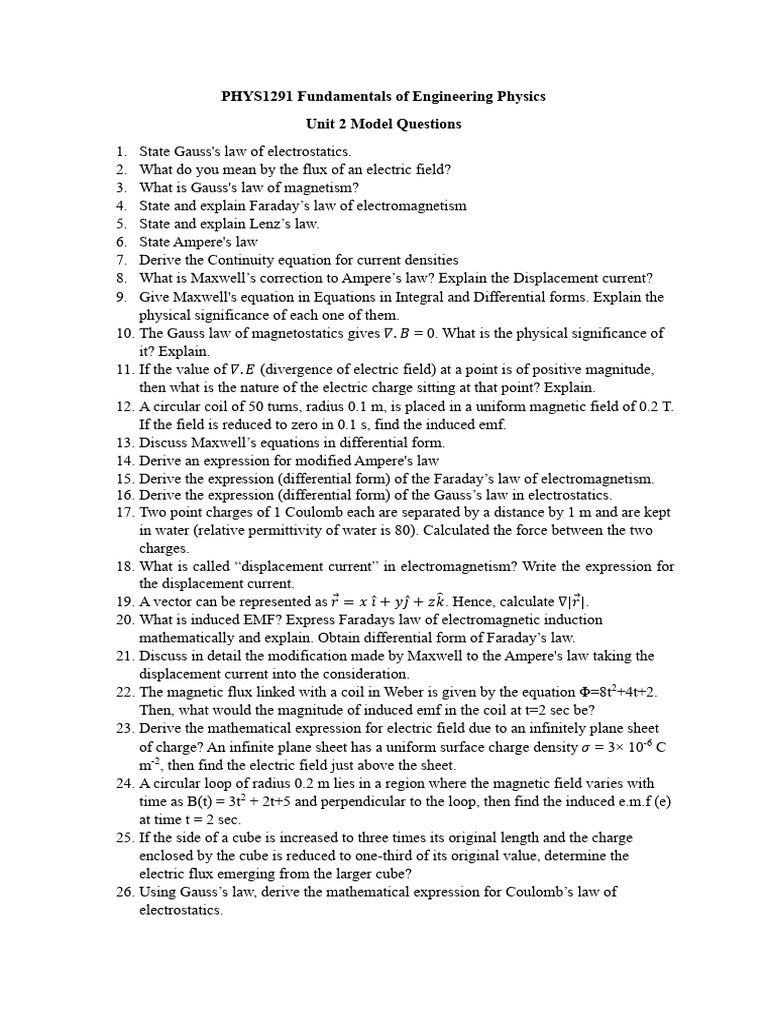 Physics Questions | PDF | Electric Field | Electromagnetic Induction