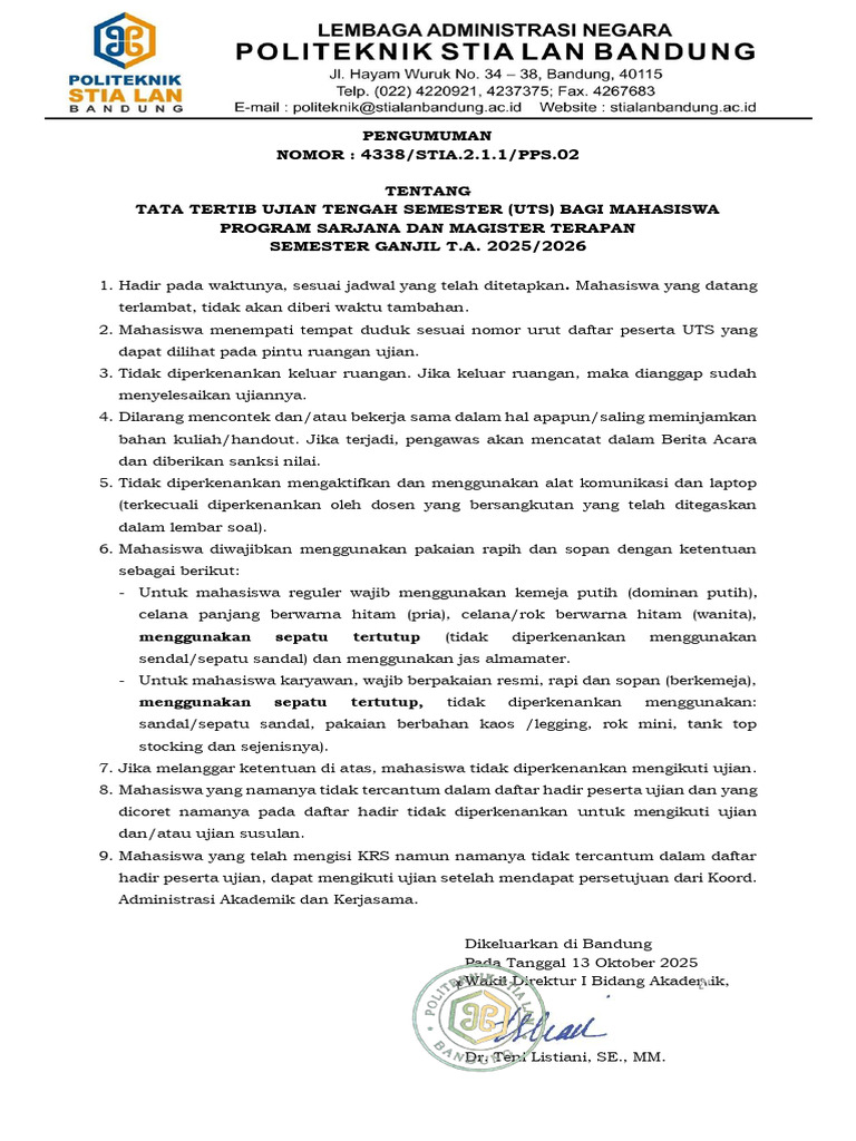 Tata Tertib UTS Ganjil 2025 - 2026 (Mahasiswa) | PDF