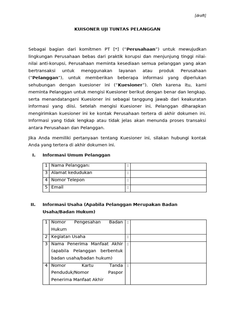 III-1.a.2 - Kuisoner Uji Tuntas Pelanggan | PDF