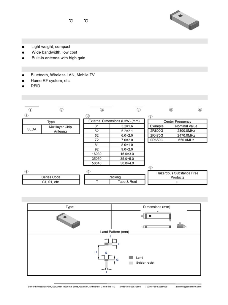 Sunlord SLDA Multilayer Chip Antennas | PDF | Antenna (Radio) | Electronics