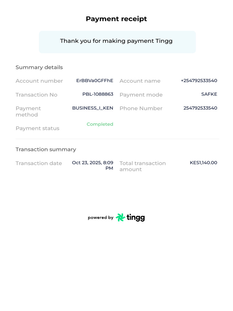 Payment Receipt for KES1,140 Transaction | PDF