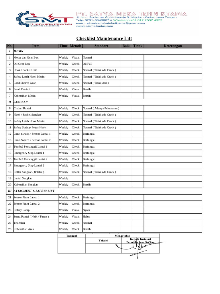 Weekly Maintenance Checklist for Lifts | PDF