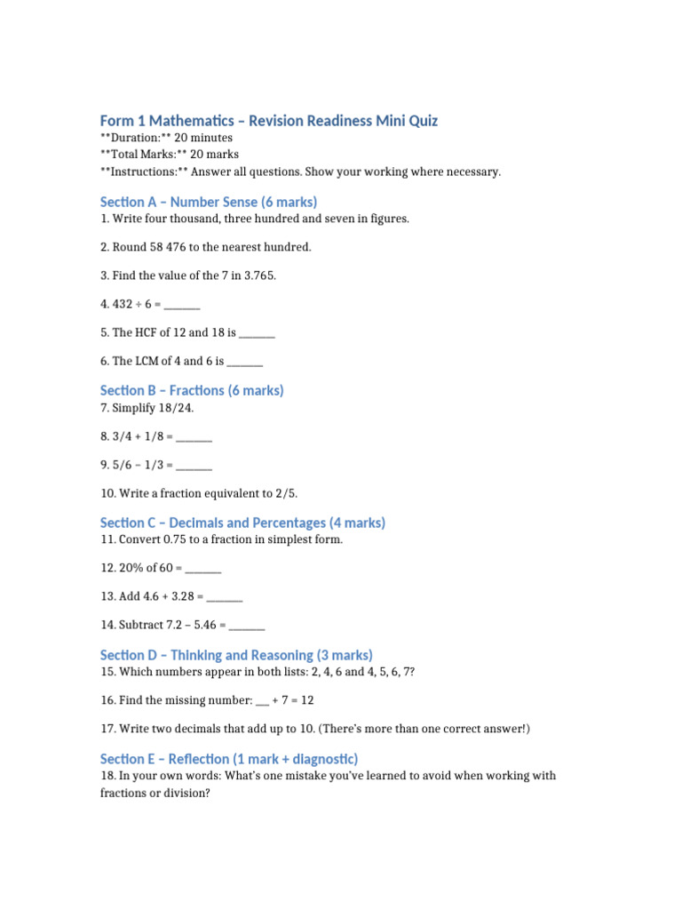 Form 1 Math Revision Quiz Guide | PDF | Odds | Arithmetic