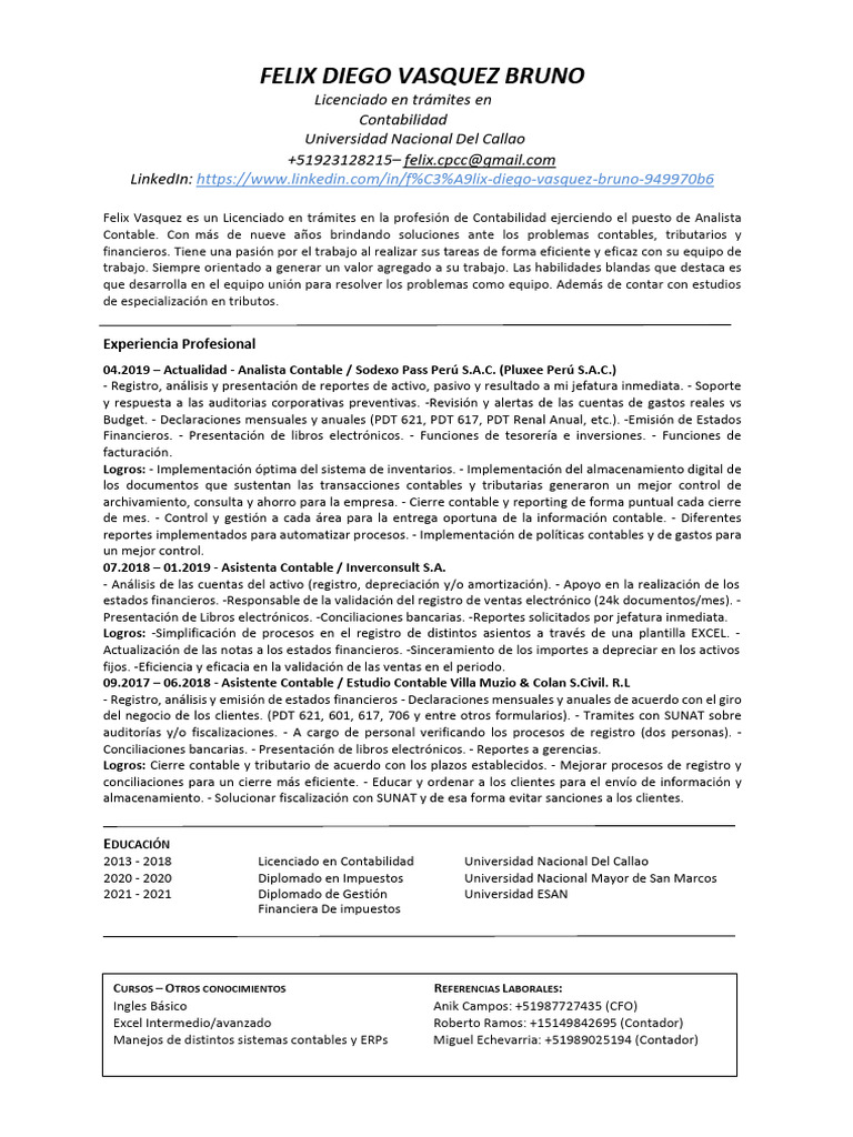 Analista Senior - Felix Diego Vasquez Bruno | PDF | Contabilidad ...