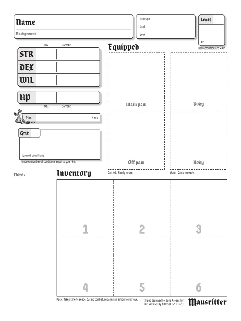 Mausritter Character Sheet (Sticky) | PDF