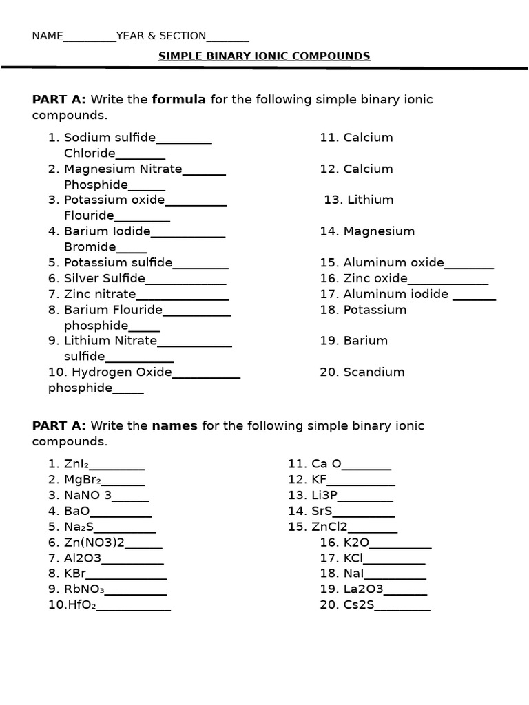 Binary Ioinic Compounds Worksheet | PDF