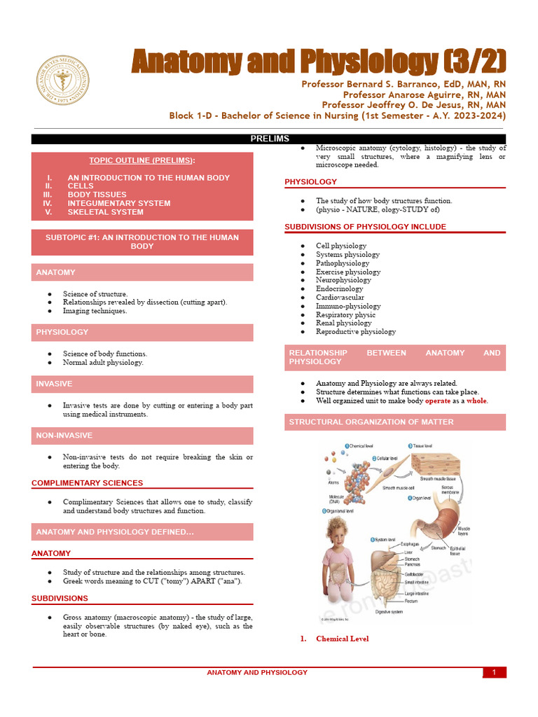 Anatomy and Physiology Overview for BSN | PDF | Human Body | Homeostasis