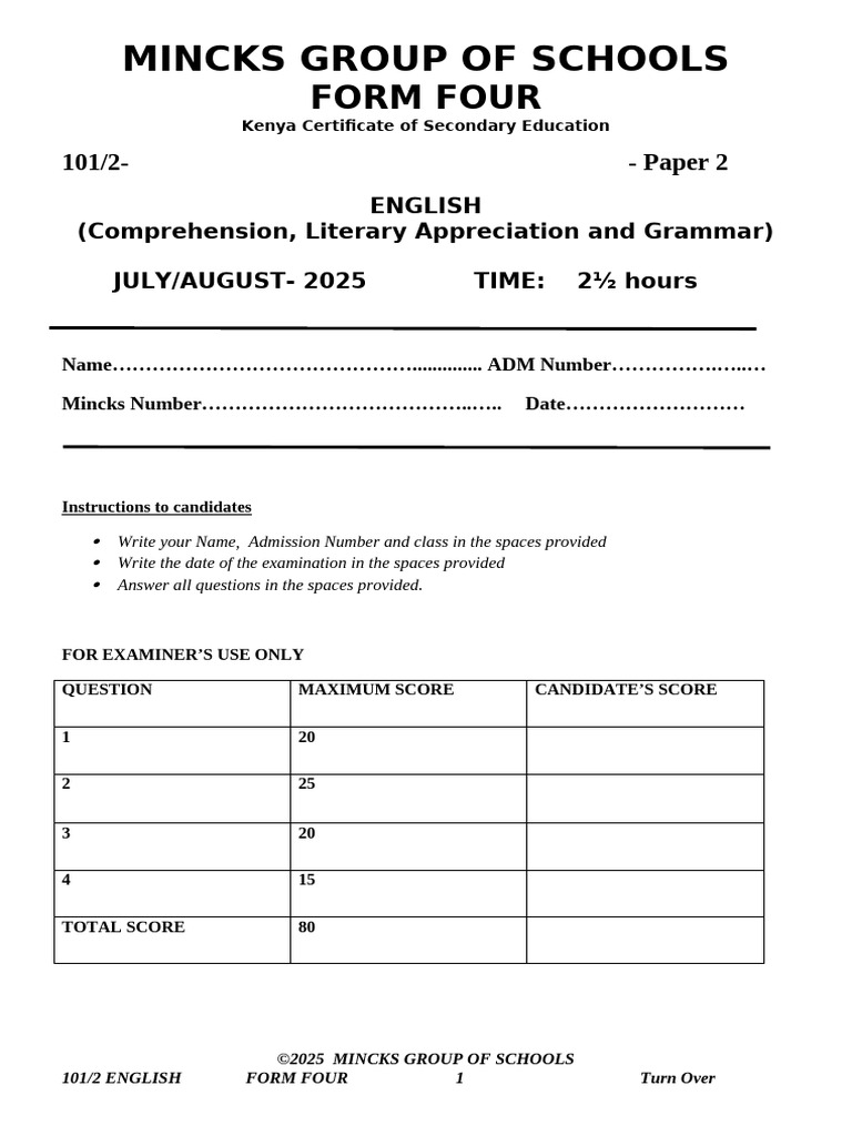 Mincks English Form 4 Paper 2 Questions T2 2025 | PDF