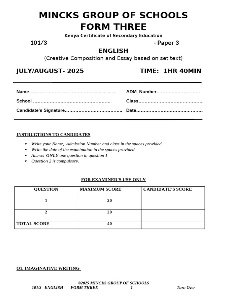 Mincks English Form 3 Paper 3 t2 2025 | PDF