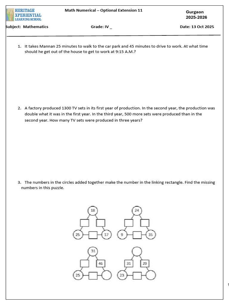 g4 - Math Numericals - Optional Extension Set 11 | PDF